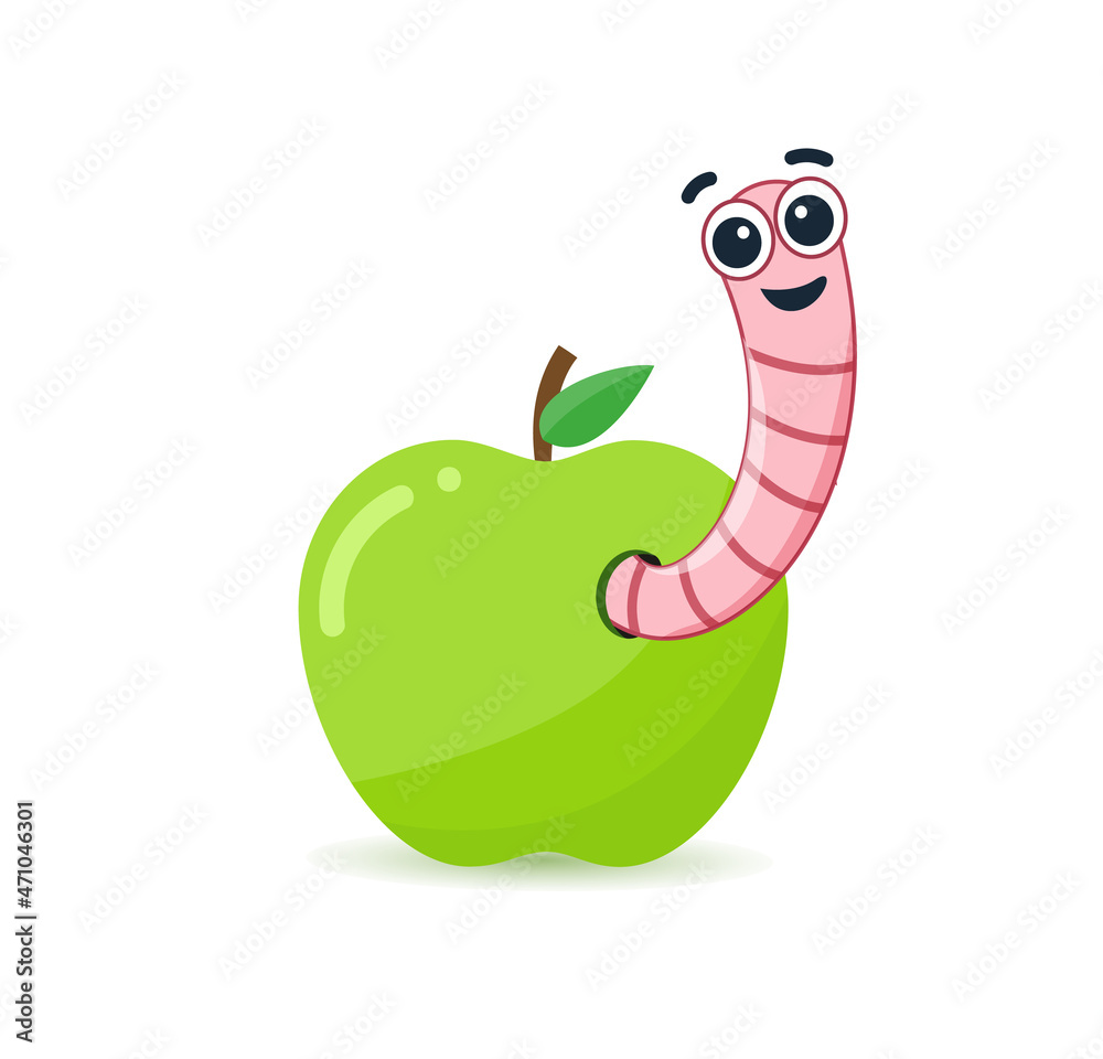 green apple with worms. Worm is a cartoon character coming out of an ...