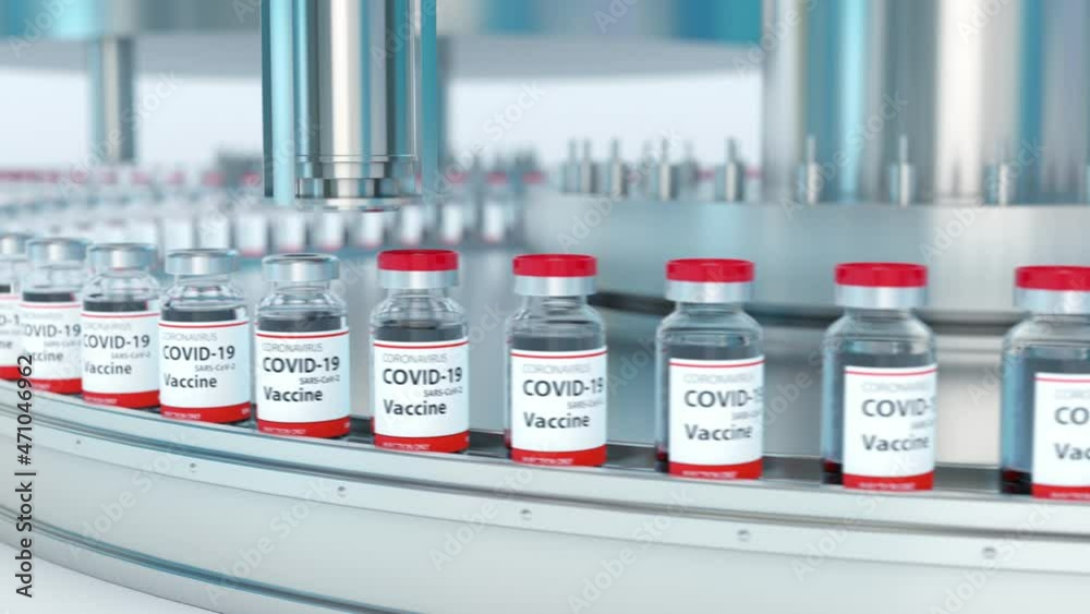 Covid-19 vaccine mass production. Robotic conveyor line with ...