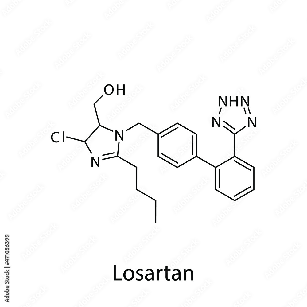 Losartan molecular structure, flat skeletal chemical formula ...