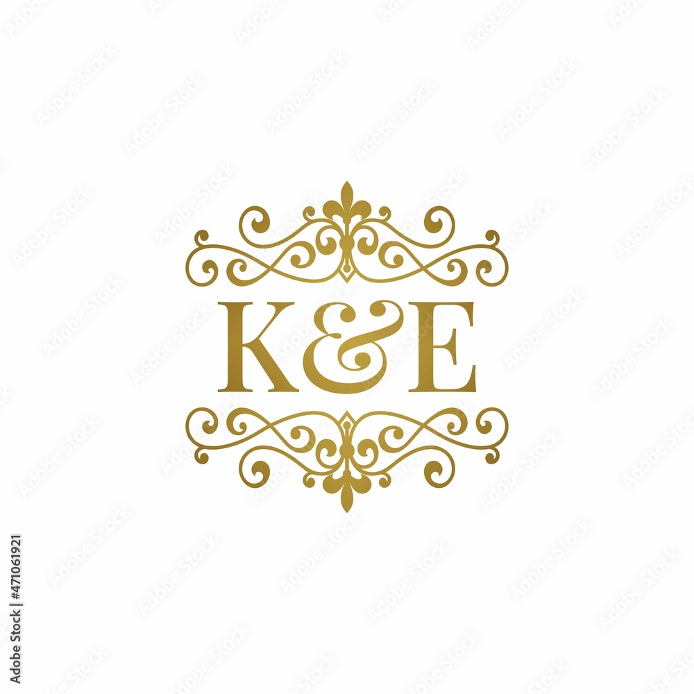 K&E initials logo ornament gold. Letter KE wedding ampersand or ...