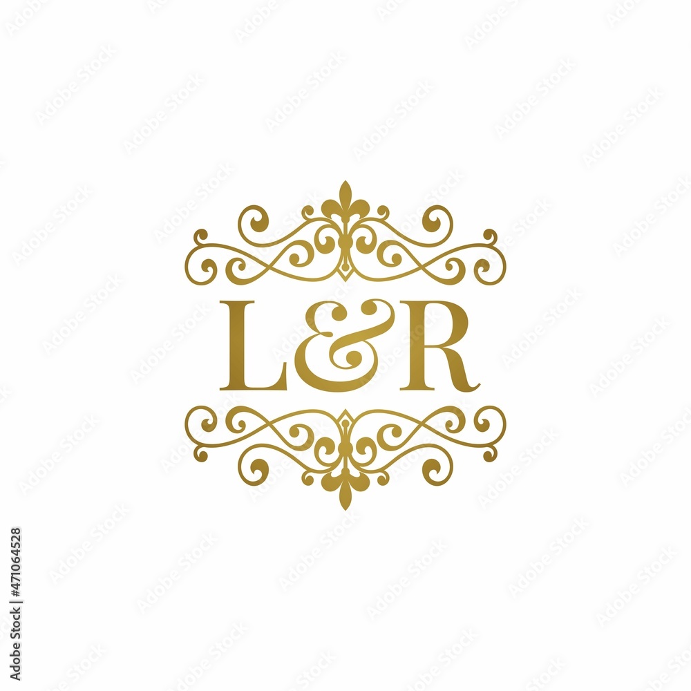 L&R initials logo ornament gold. Letter LR wedding ampersand or ...