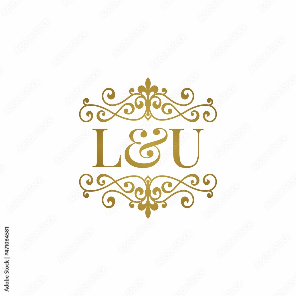 L&U initials logo ornament gold. Letter LU wedding ampersand or ...