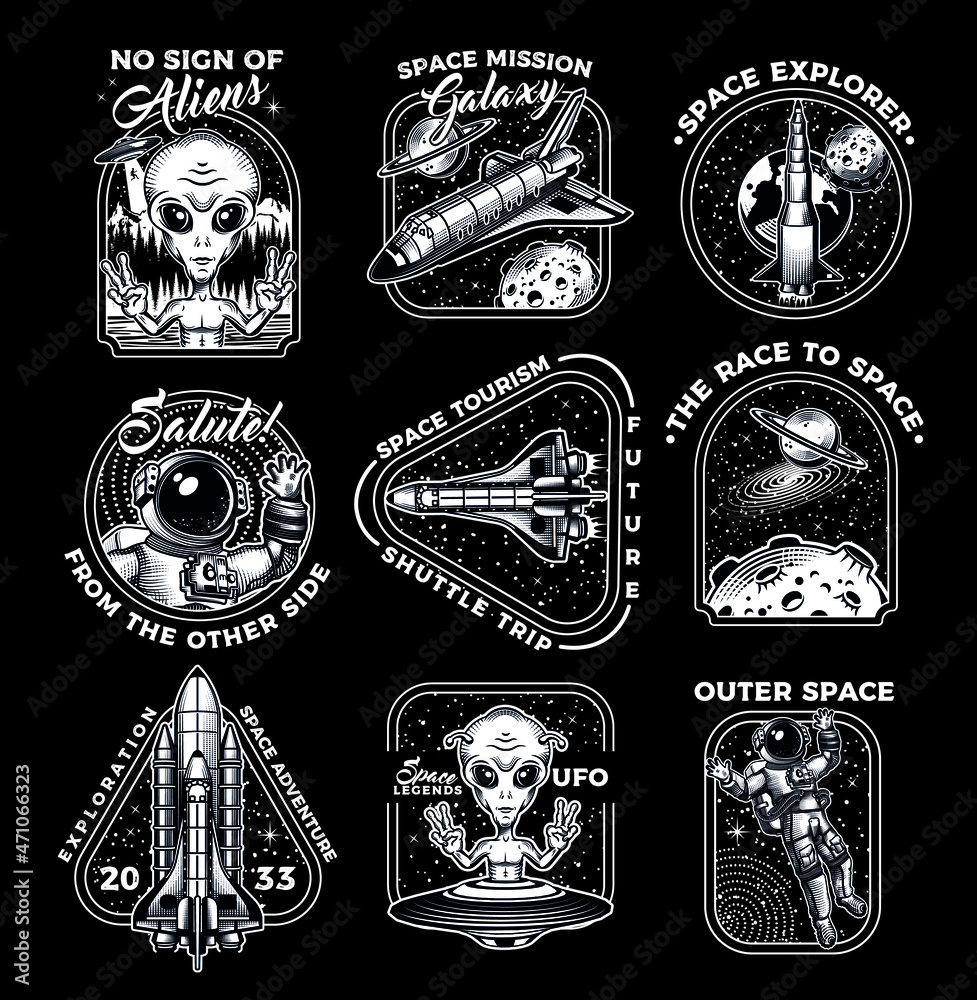 Collection of nine space exploration logos. Vector Illustration. Stock ...