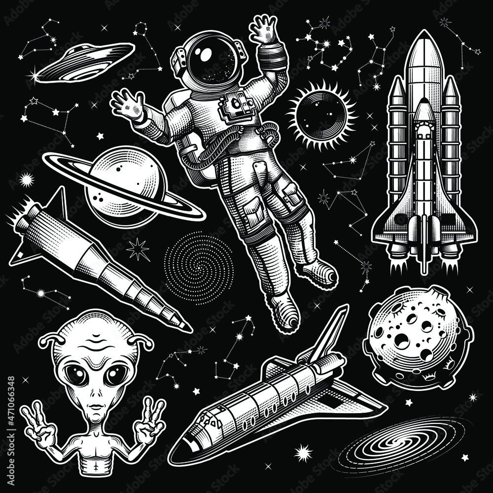 Astronaut Drifting Through Space. Alien showing piece signs. Space ... Astronaut Drifting Through Space. Alien showing piece signs. Space ...