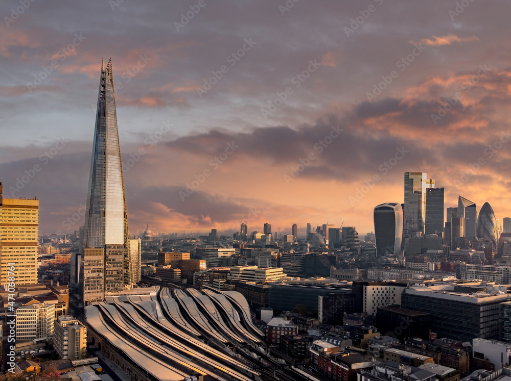 London, the shard and London Bridge train station, aerial skyline view ...