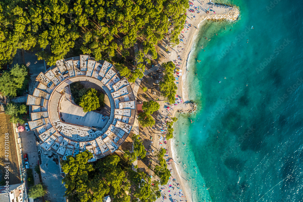 Aerial view of an abandoned health resort along the beach in Krvavica ...