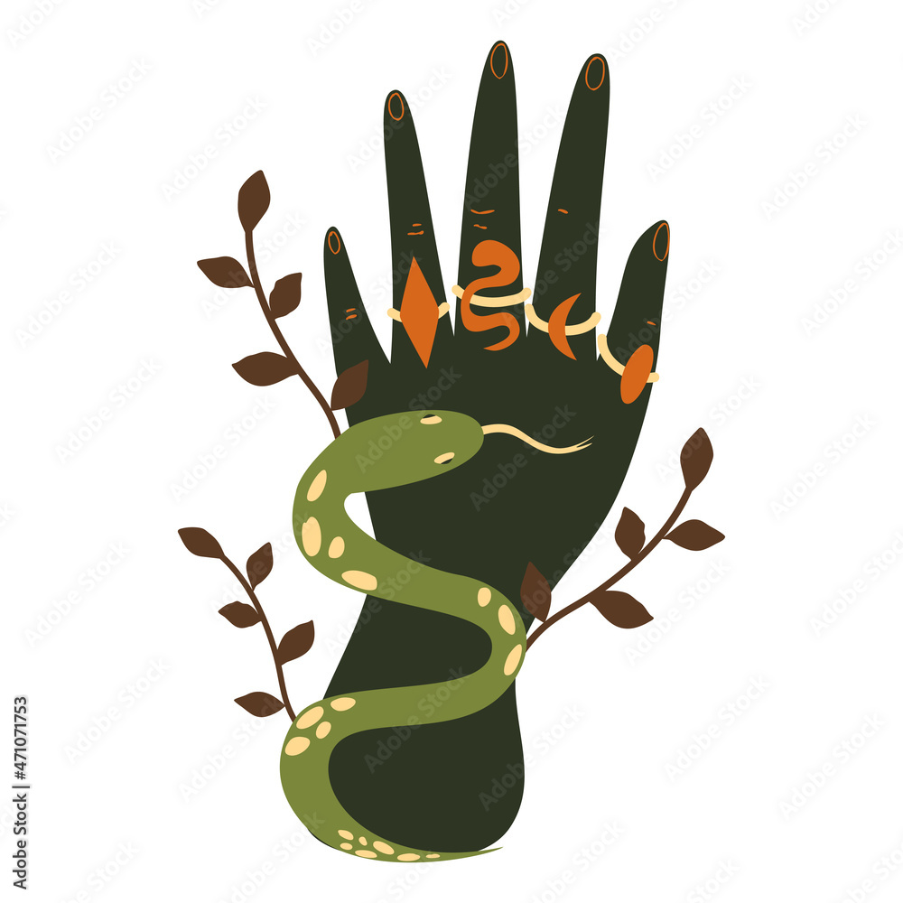 Mystical hand and snake. Human hand with rings. Trendy vector ...