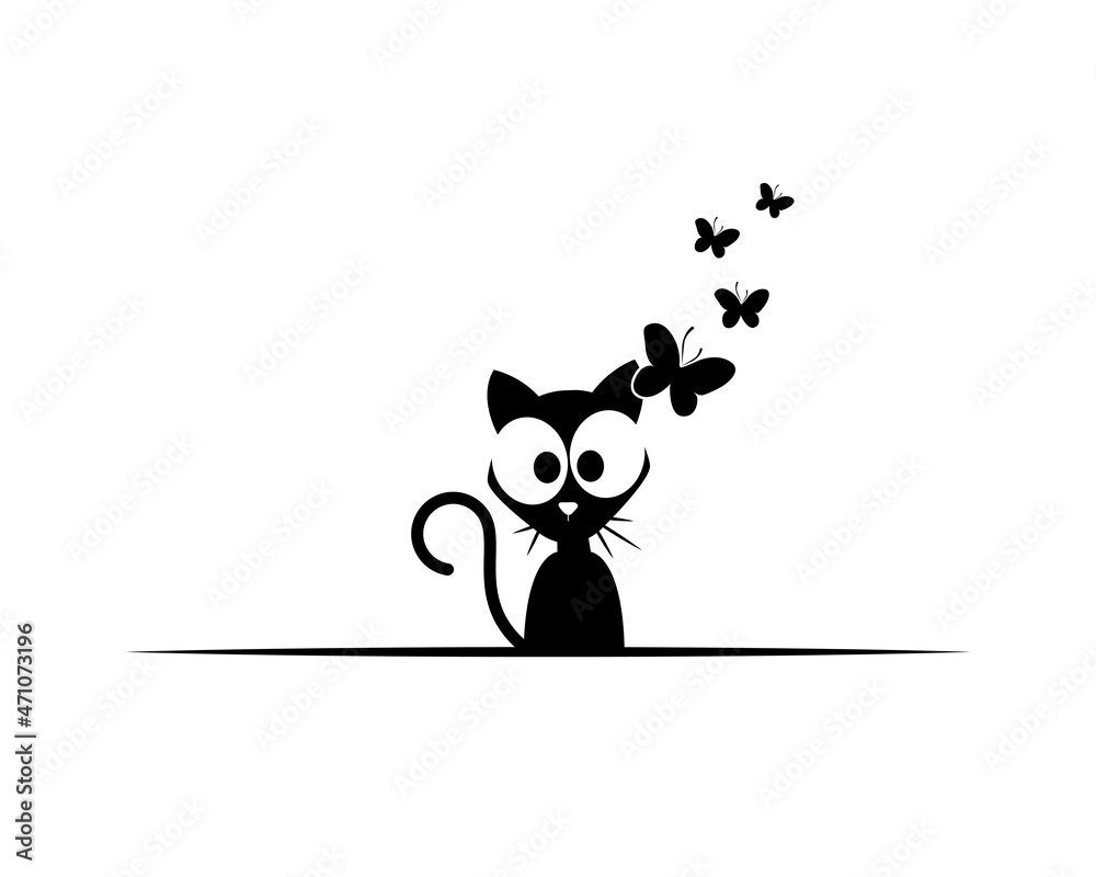 Funny cat silhouette cartoon illustration and butterflies, vector. Cute ...