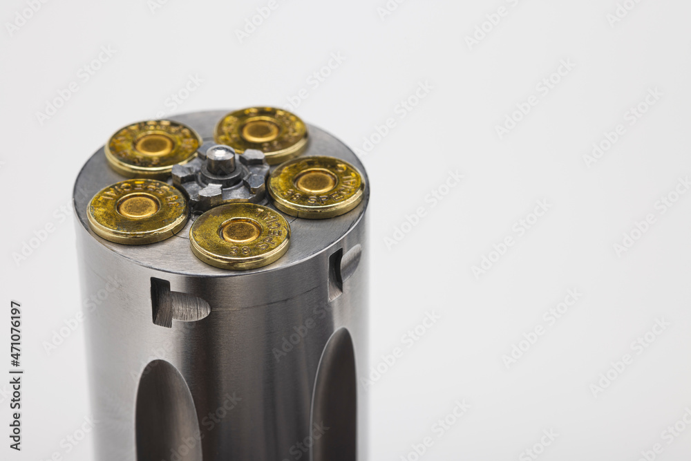 .38 special gun bullets with stainless revolver cylinder on white ...