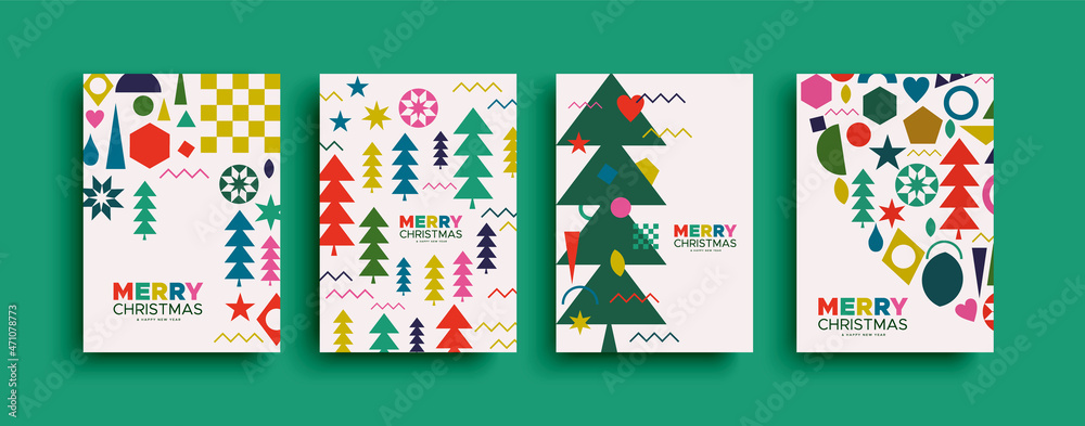 Christmas New Year retro folk pine tree card set Stock Vector | Adobe Stock
