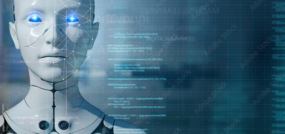 3D humanoid robot face close up metaverse smart digital world coding ...