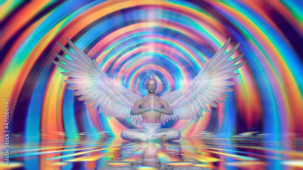 3d illustration of an angel in a meditative pose, wings raised, praying ...