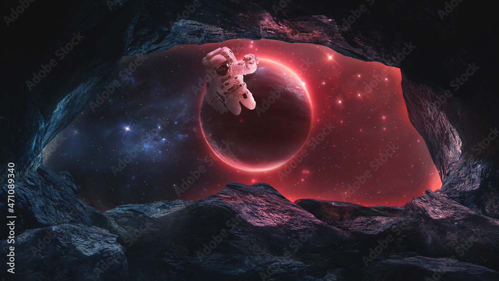 Space cave, stones, tunnel and starry night Galatian sky, planets ...