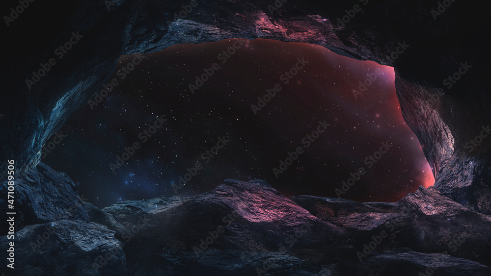 Space cave, stones, tunnel and starry night Galatian sky, planets ...