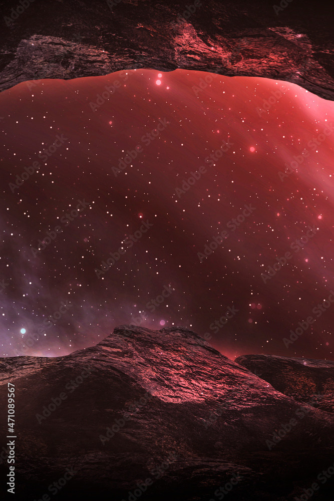 Space cave, stones, tunnel and starry night Galatian sky, planets ...