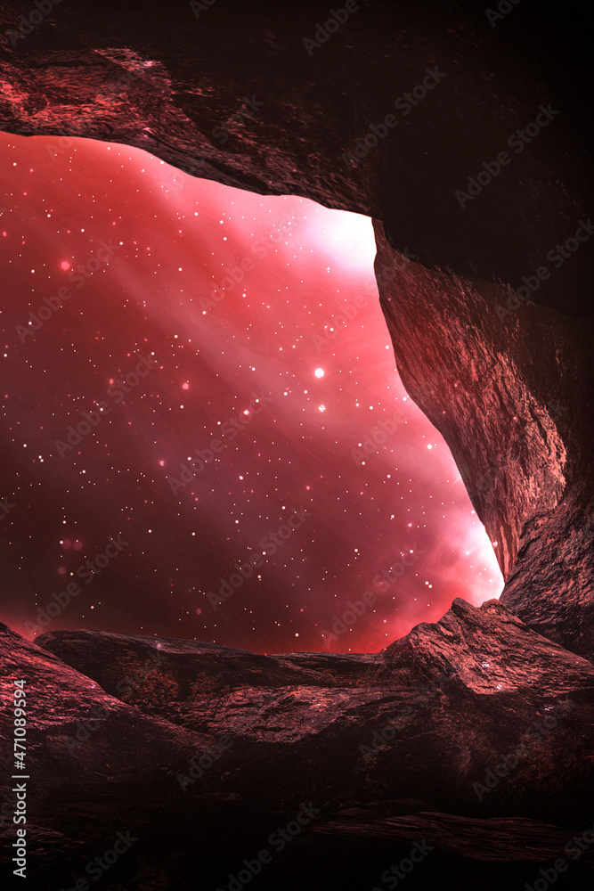 Space cave, stones, tunnel and starry night Galatian sky, planets ...