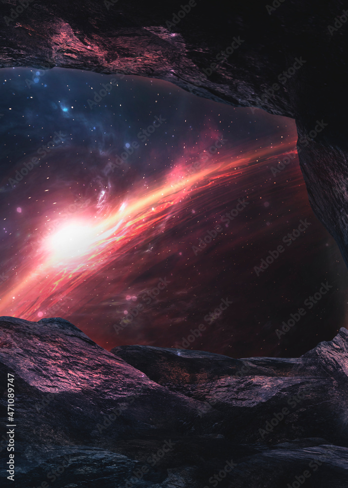 Space cave, stones, tunnel and starry night Galatian sky, planets ...