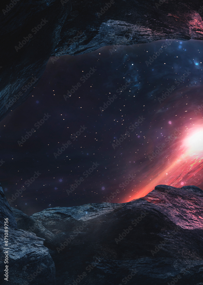 Space cave, stones, tunnel and starry night Galatian sky, planets ...