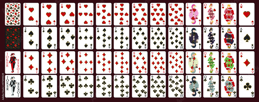 Poker set with isolated cards on red background. Poker cards, full deck ...