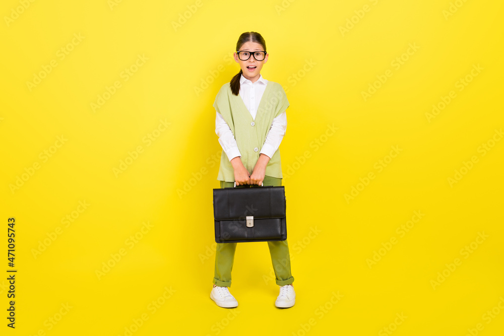 Full length body size view of attractive amazed cheerful girl holding ...