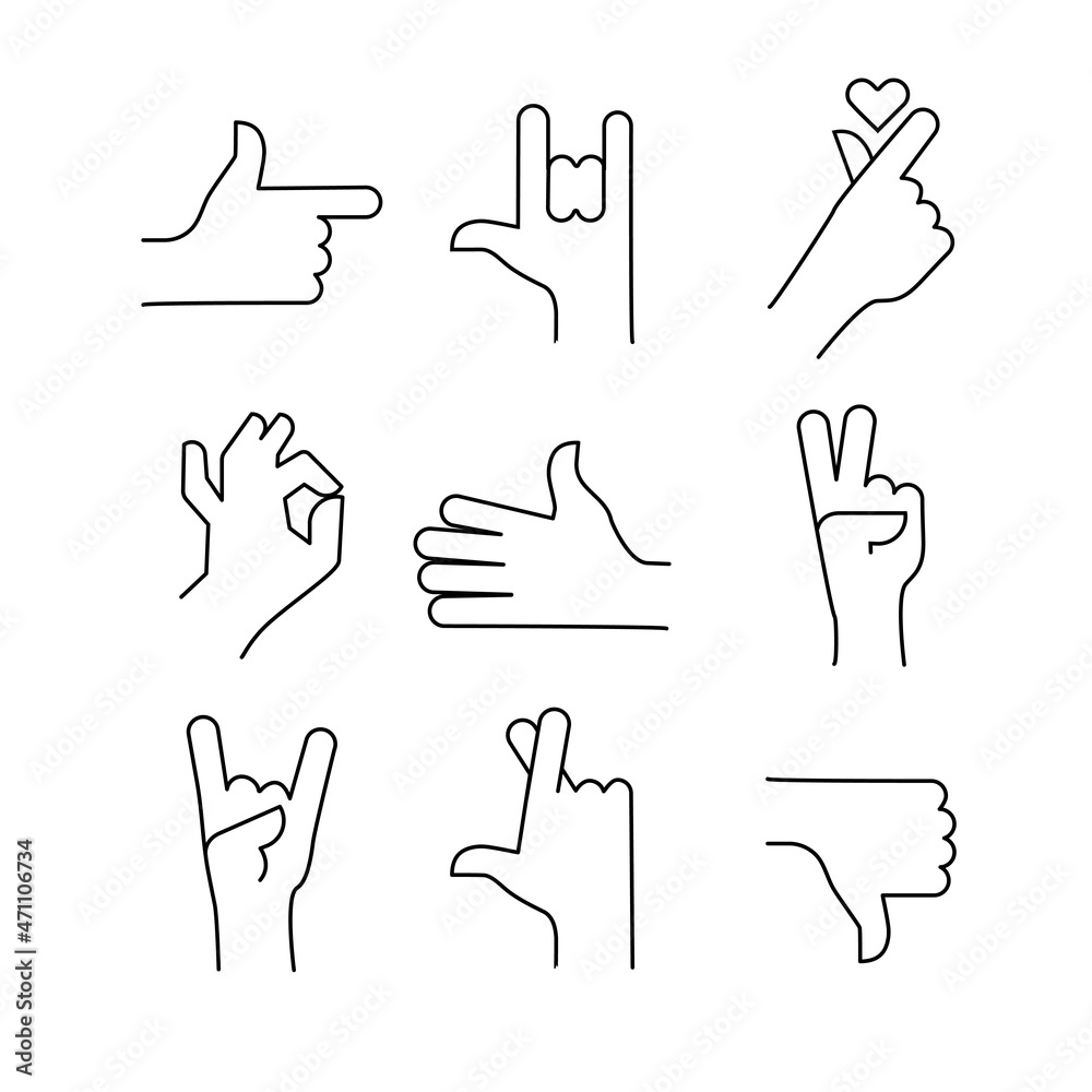 Set of hands showing different gestures. Palm pointing at something ...