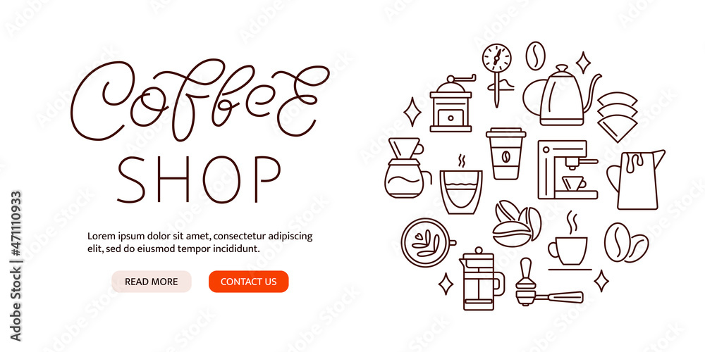 Coffee shop banner for website. Landing page template with line icons ...