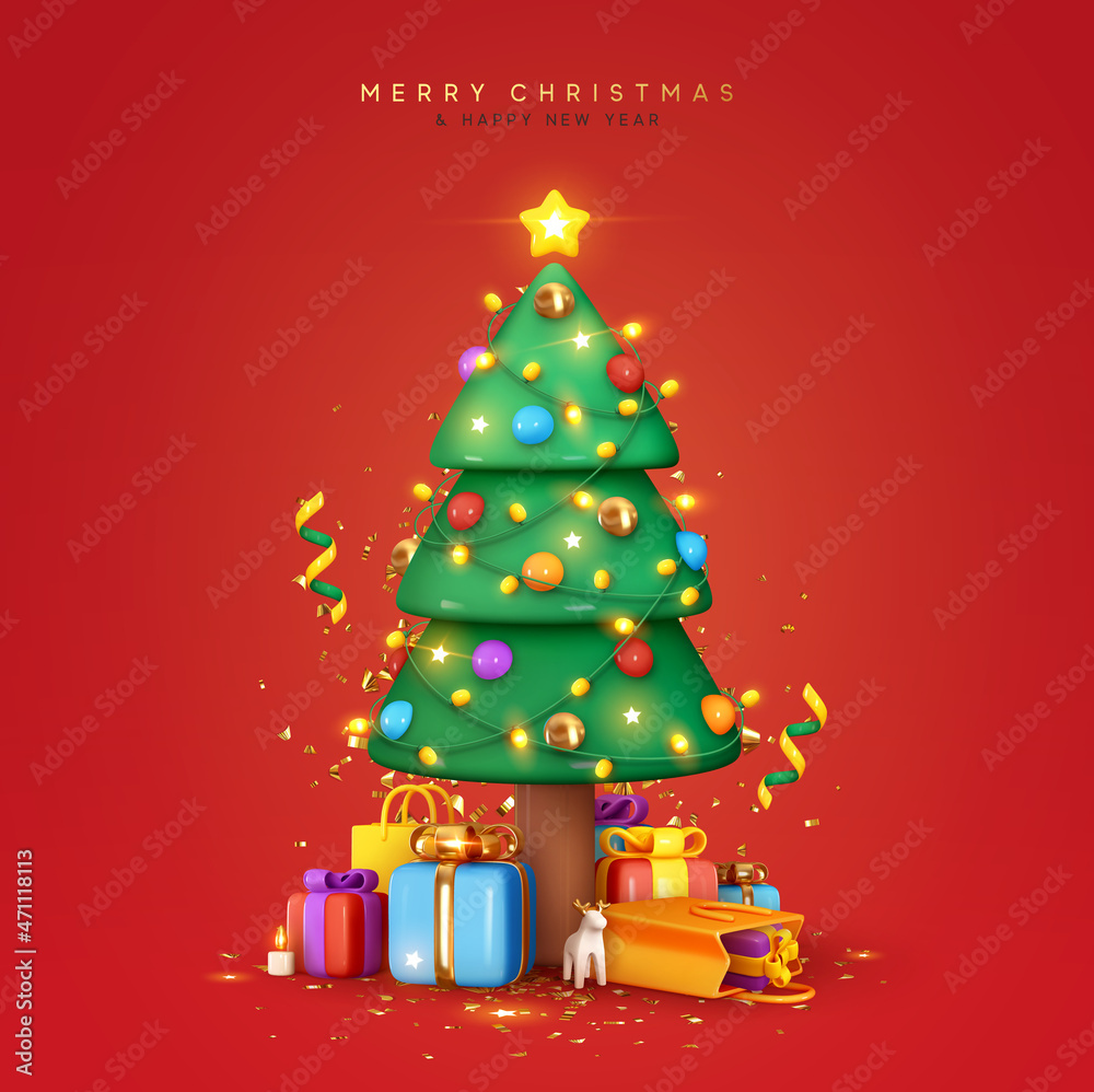 Christmas Sparkling Bright Tree With Star Merry Christmas And Happy New Year Realistic 3d