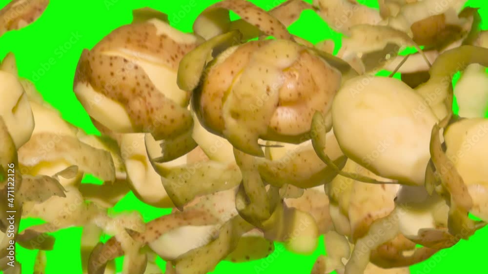 Potatoes and Skins in a Jump on Chroma Key. Three variants of freshly ...
