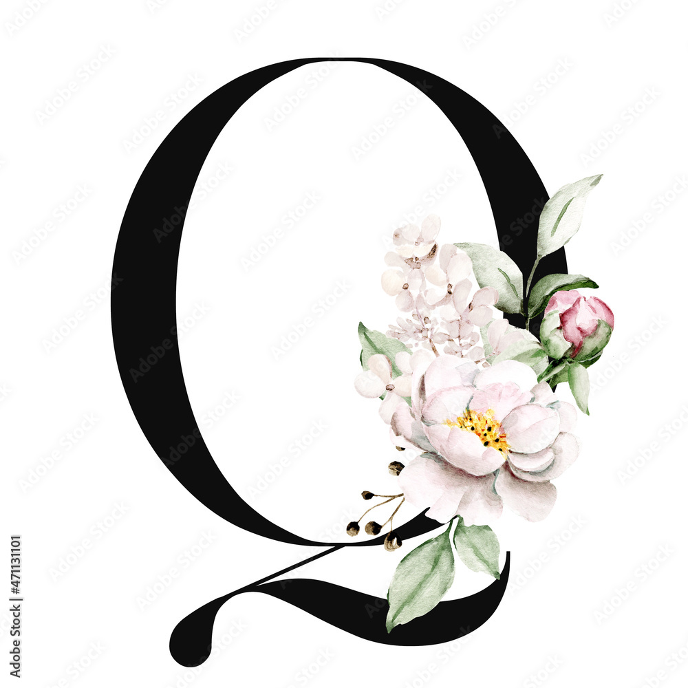 Floral alphabet, letter q with watercolor flowers and leaf. Monogram ...