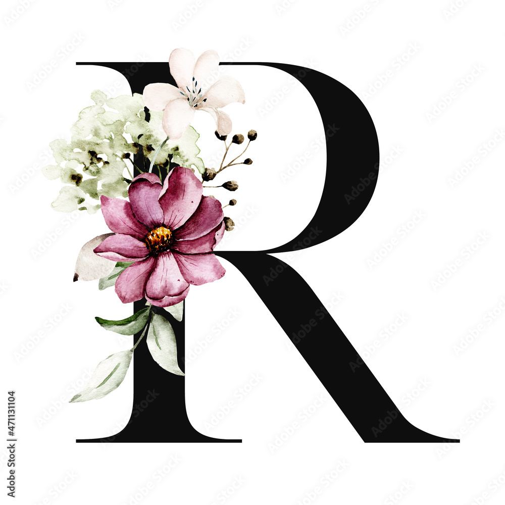 Floral alphabet, letter r with watercolor flowers and leaf. Monogram ...