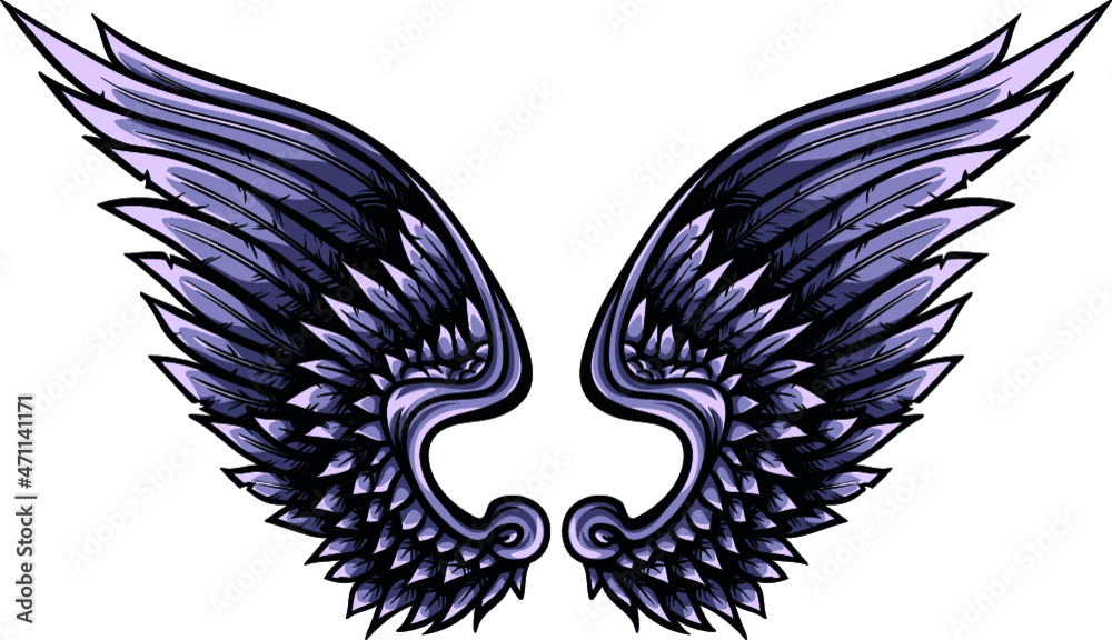 Indigo angelic vector wings with black outline, shadows and lights ...