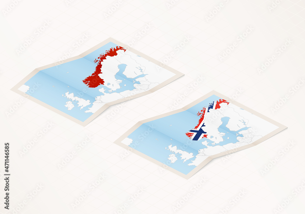 Two versions of a folded map of Norway with the flag of the country of ...