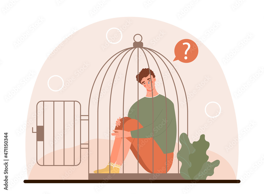 Concept of inner prison. Man sits in cage, which closed by large hand ...