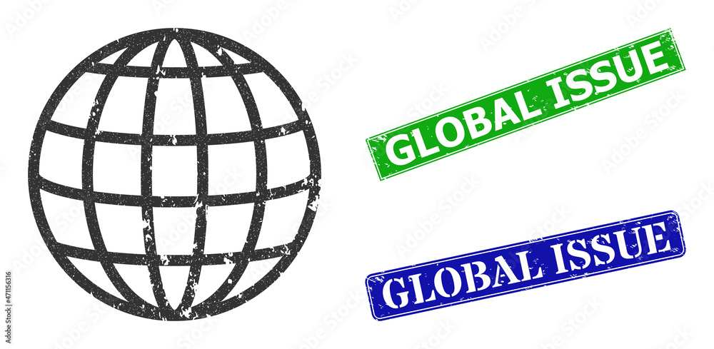 Grunge global icon and rectangular corroded Global Issue stamp. Vector ...