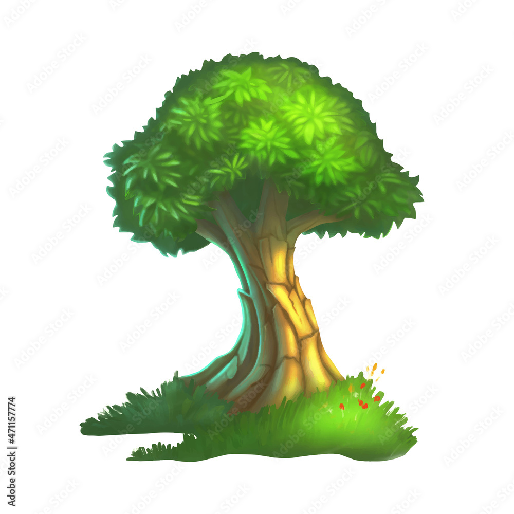 Beautiful tree with grass isolated on white background. Oak ...
