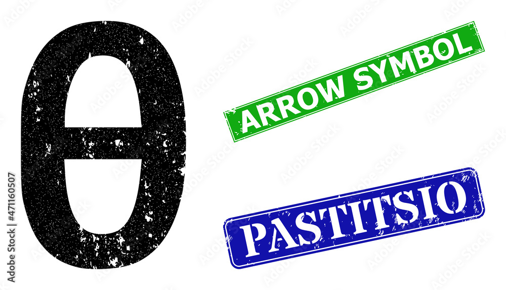 Grunge Theta Greek lowercase symbol icon and rectangle dirty Arrow ...