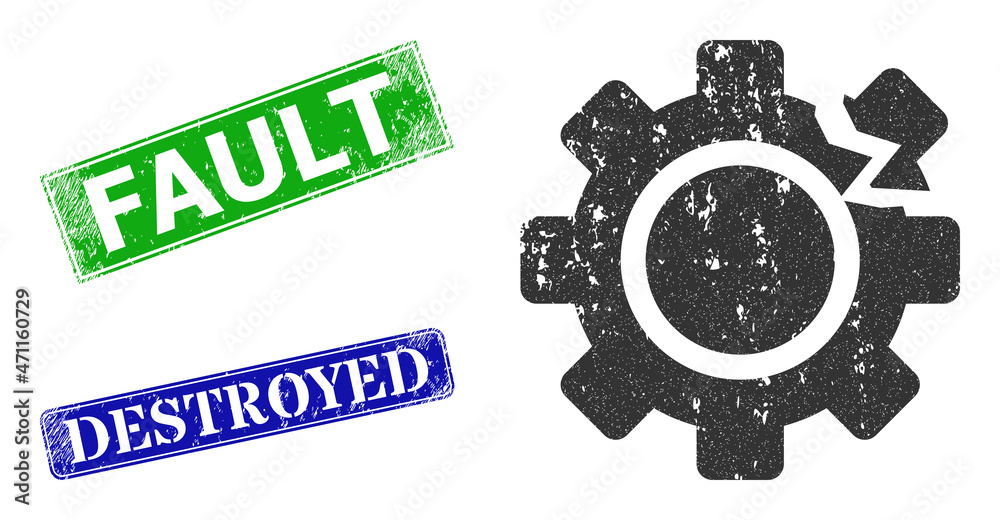 Grunge gear break icon and rectangle unclean Fault stamp. Vector green ...