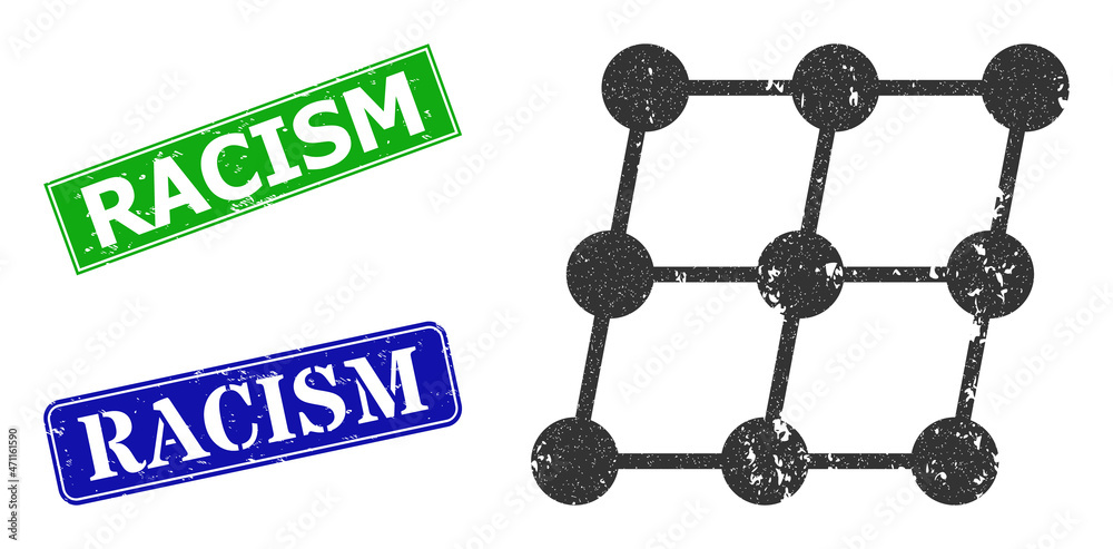Grunge inclined grid nodes icon and rectangular dirty Racism stamp ...