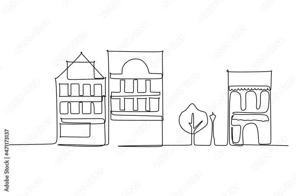 Single line drawing of a city skyline. Town and buildings landscape ...