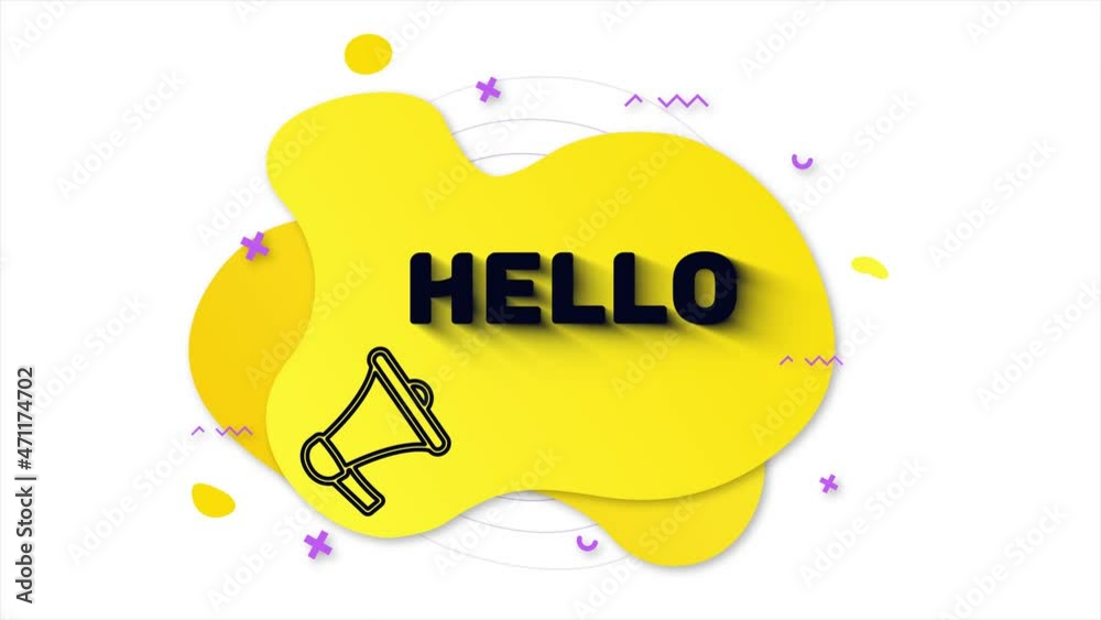 Black megaphone with text Hello. Memphis style banner with abstract ...