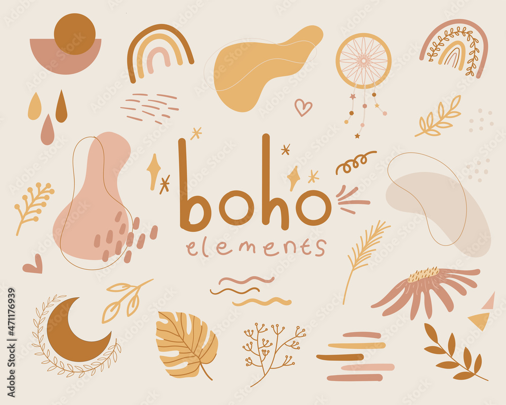Hand drawn Boho clip art set vector image for fashion, fabric, social ...