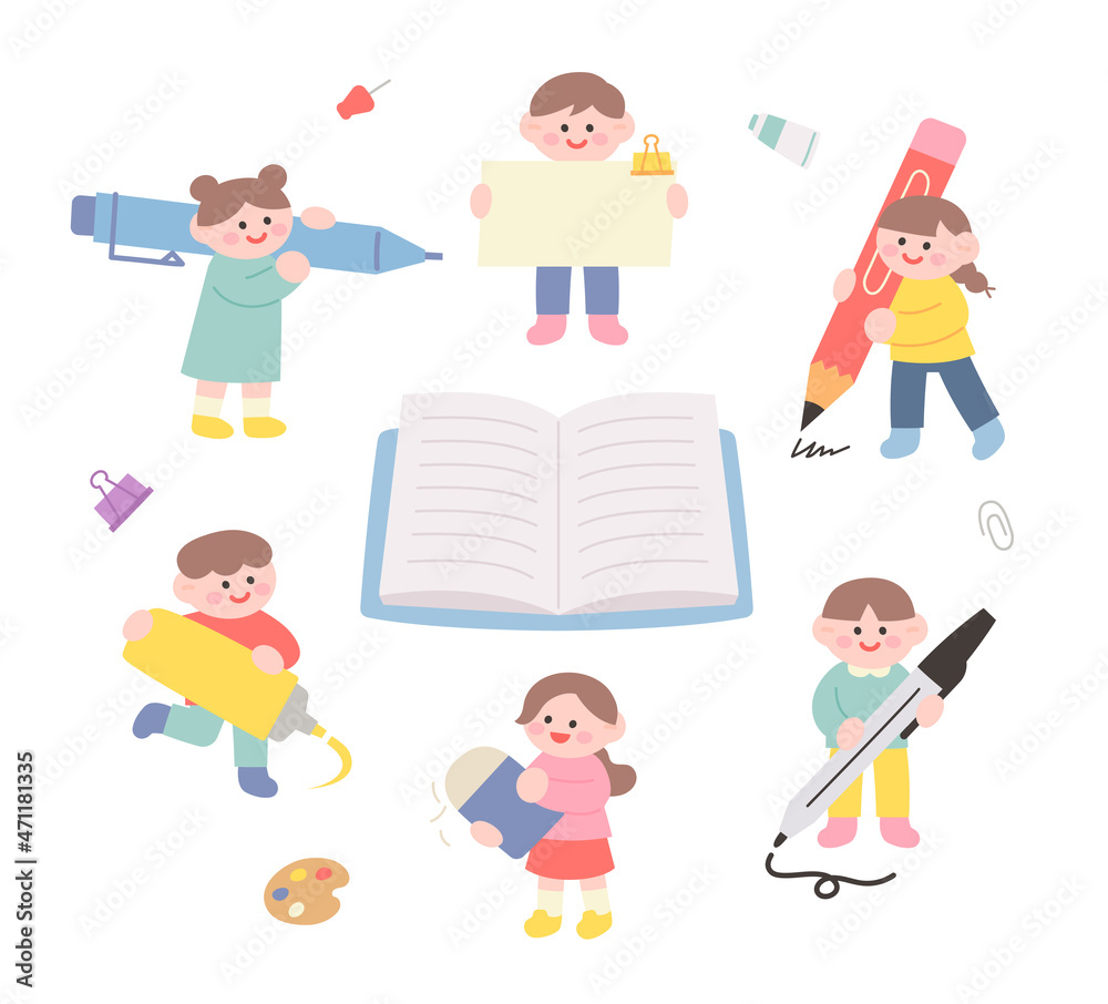 Cute children holding large pens and writing in notebooks. flat design ...
