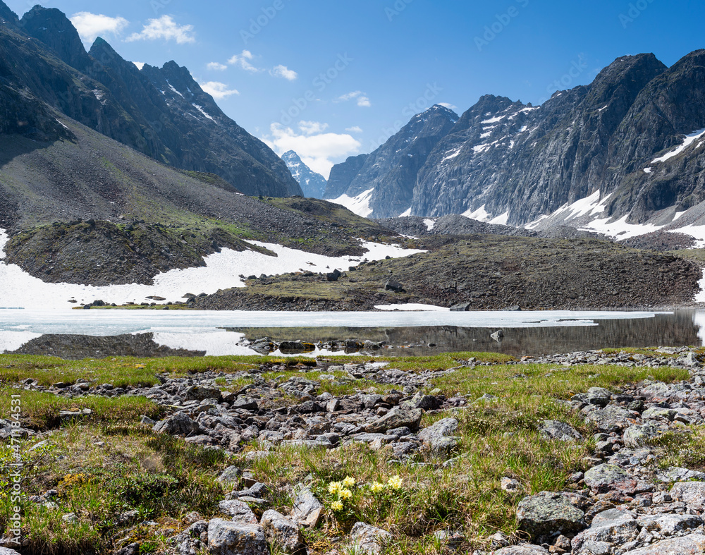 The beautiful valley of the Middle Sakukan river against the backdrop ...