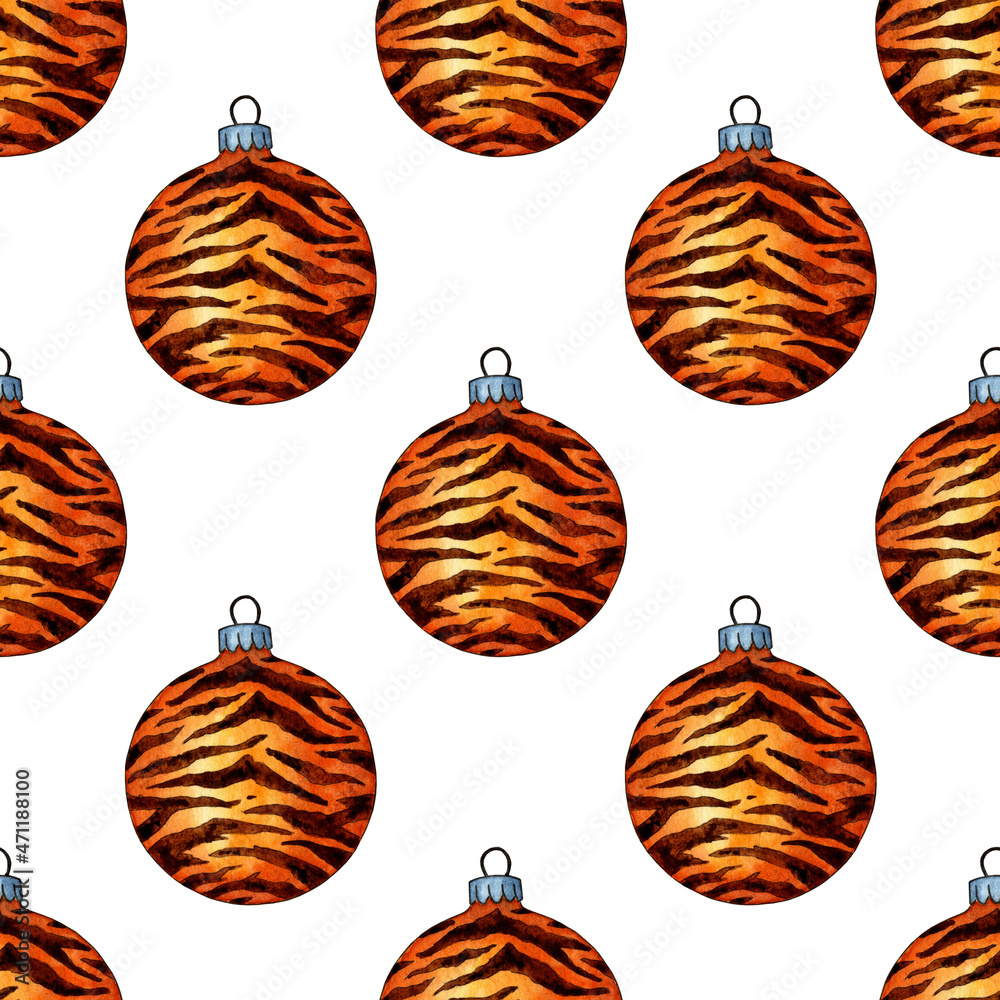 Watercolor painting pattern orange Christmas ball in the tiger stripe ...