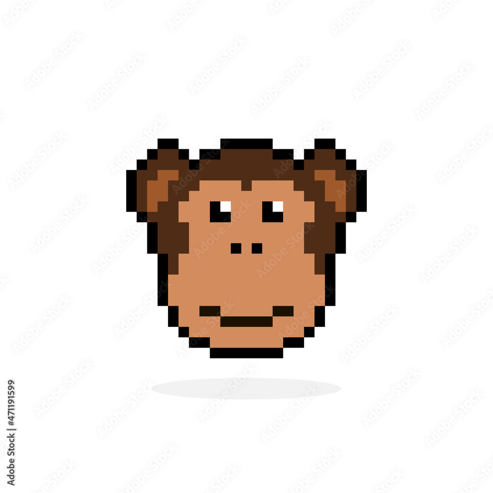 monkey head pixels. Animal in 8 bit game assets vector illustration ...