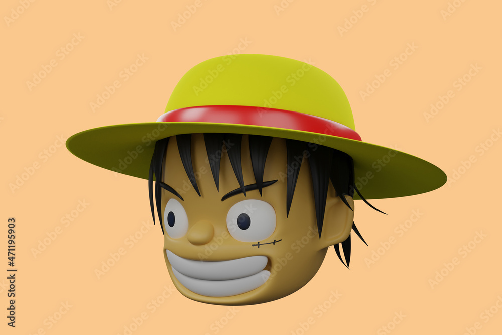3D illustration of Luffy's head anime character. Wearing a hat. Right ...