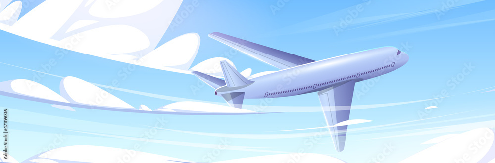 Plane fly in blue sky with clouds. Passenger aircraft flight. Concept ...