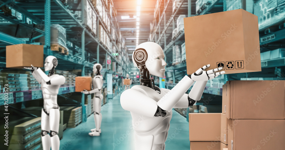 Innovative industry robot working in warehouse for human labor ...