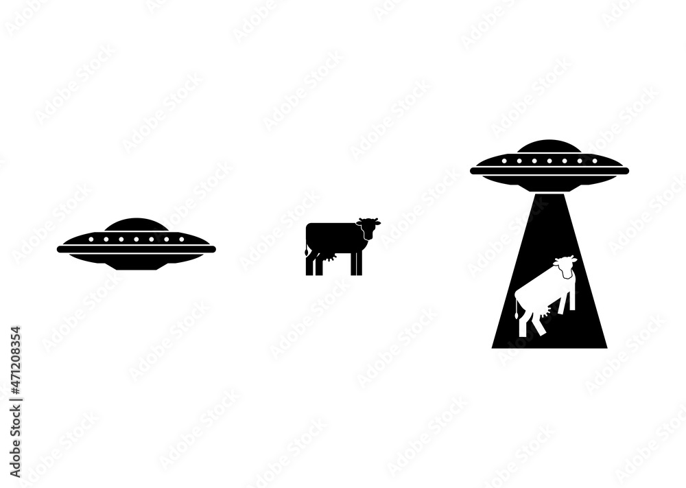Ufo steals cow icon sign. Alien flying saucer and cows. Concept of ...