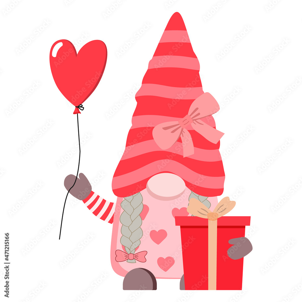 Cute cartoon Valentine gnome girl holding heart balloon and gift box ...